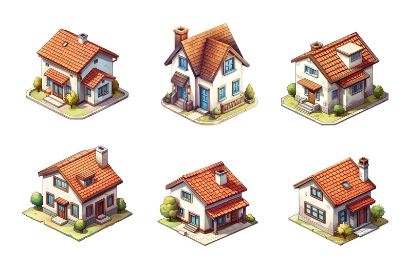 36 Isometric Cartoon House Building Clipart. Colorful Buildings PNG No ...