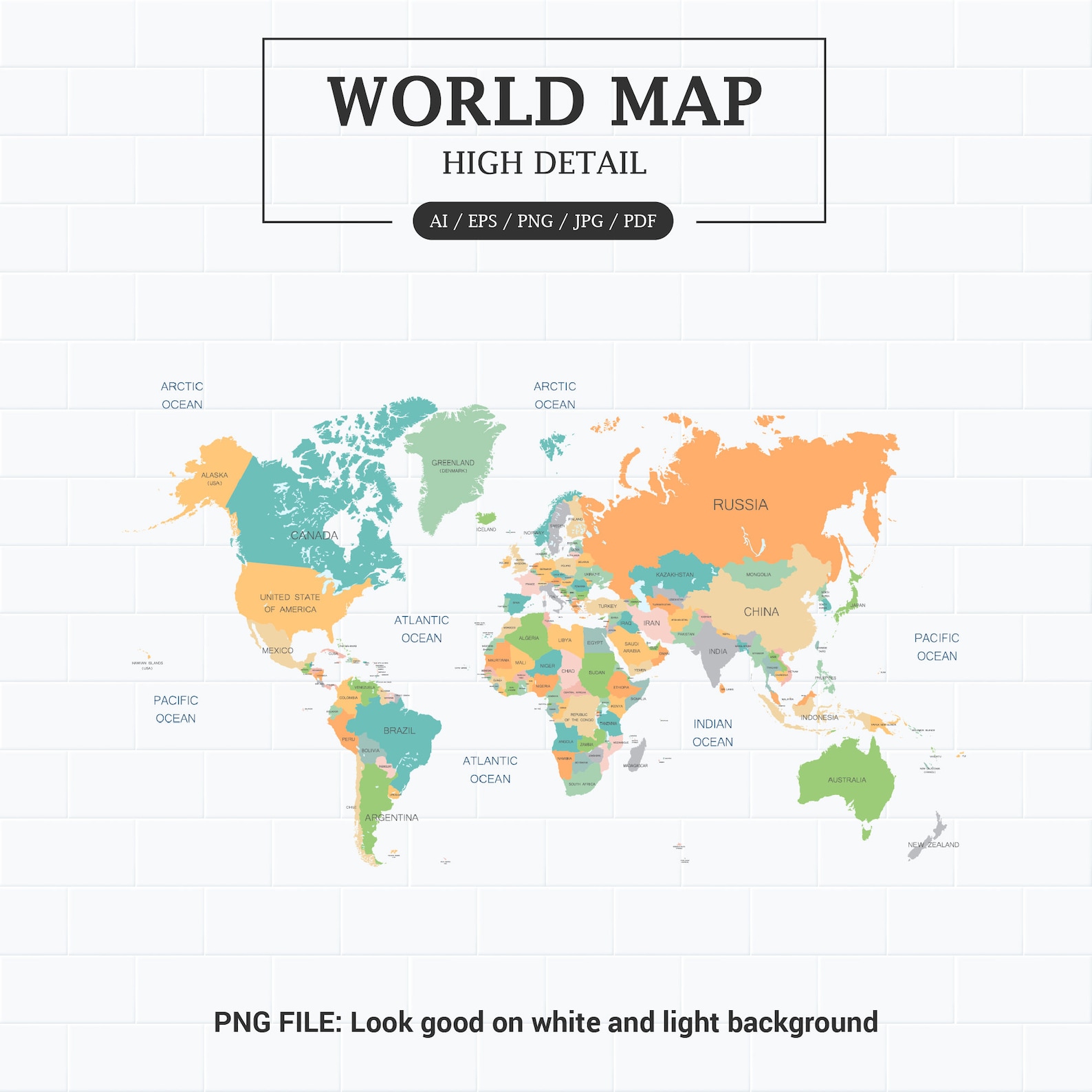 Digital World Map Full Color With Countries Printable Poster Large Size ...