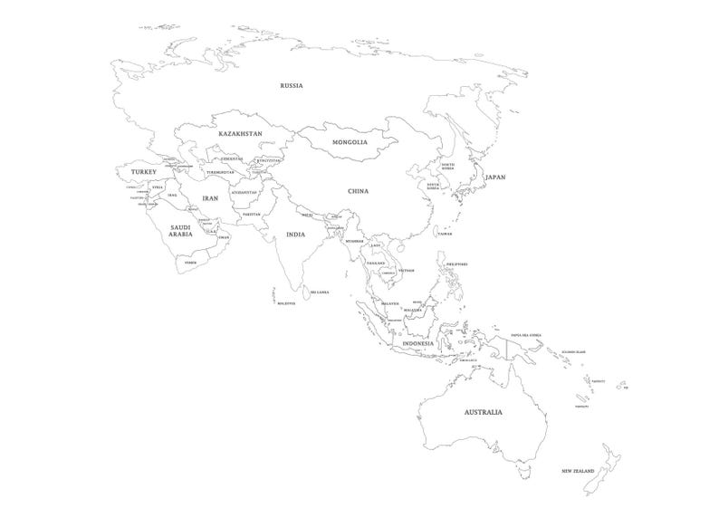 Digital Asia & Oceania Map Full Color With States Printable Poster ...