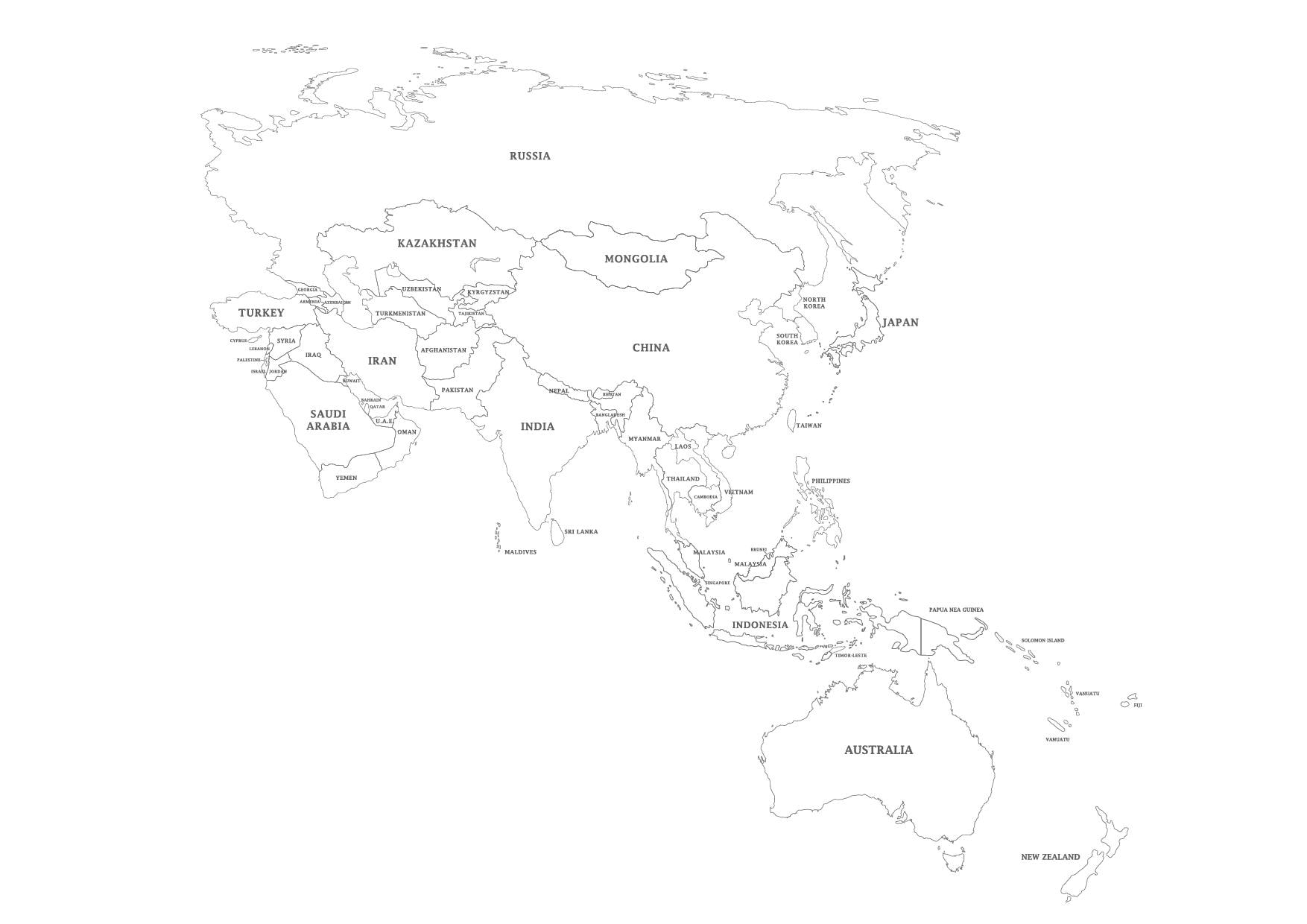 Digital Asia & Oceania Map Full Color With States Printable Poster ...