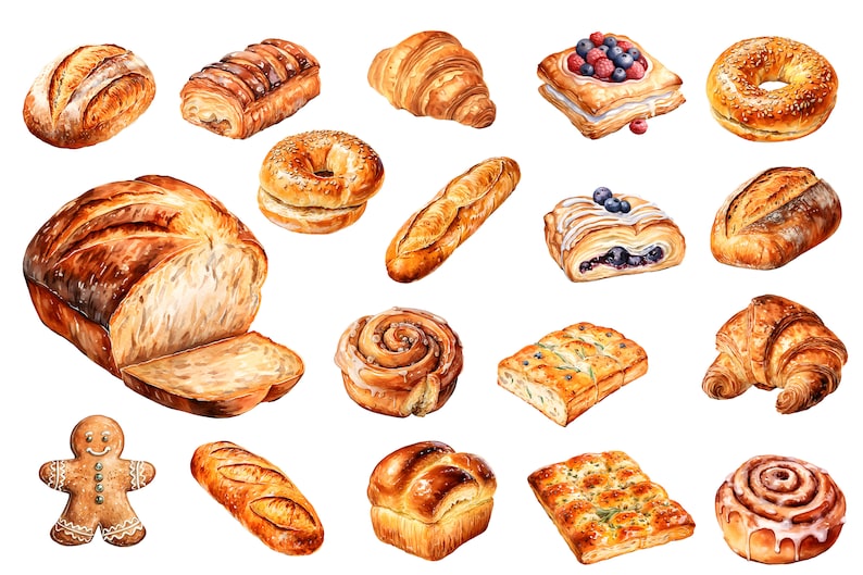Watercolor Bread & Bakery Clipart. Colorful Bread PNG No Background ...