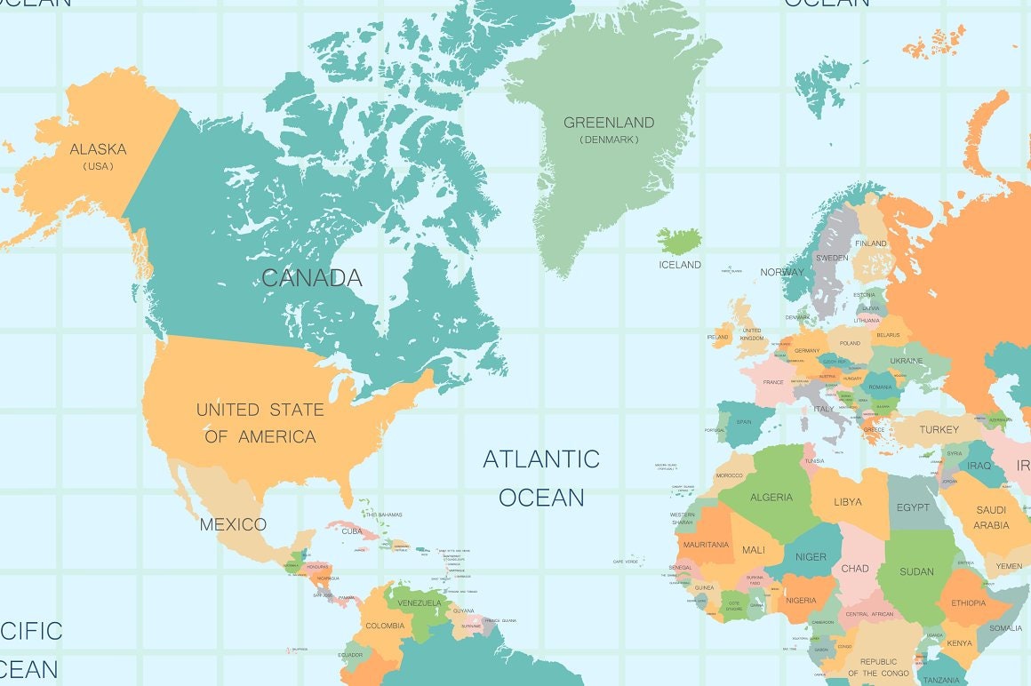 Digital World Map Full Color With Countries Printable Poster Large Size ...