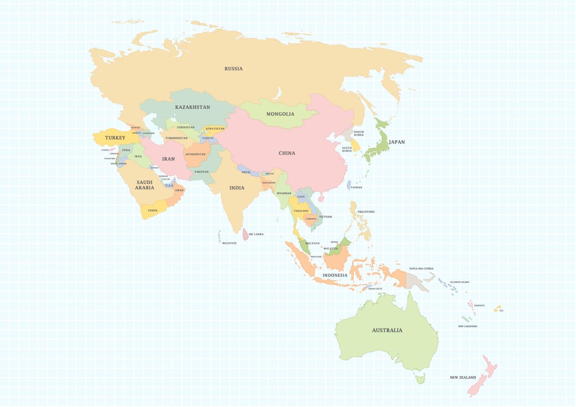 Digital Asia & Oceania Map Full Color With States Printable Poster ...