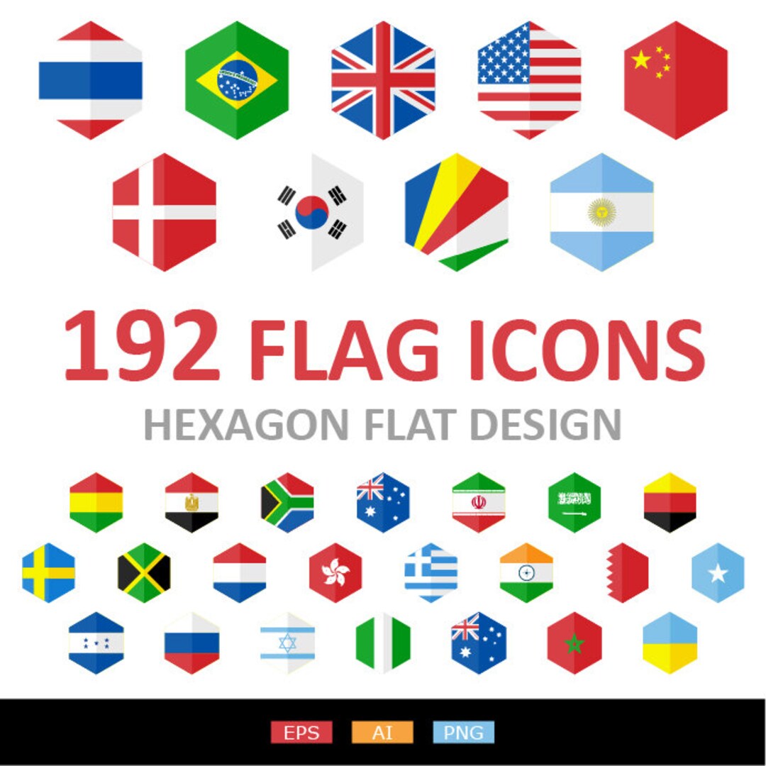 192 Flag of the World Icons Hexagon Design. Flat Design World Flags. AI ...