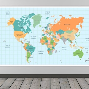 Digital World Map Full Color With Countries Printable Poster Large Size ...