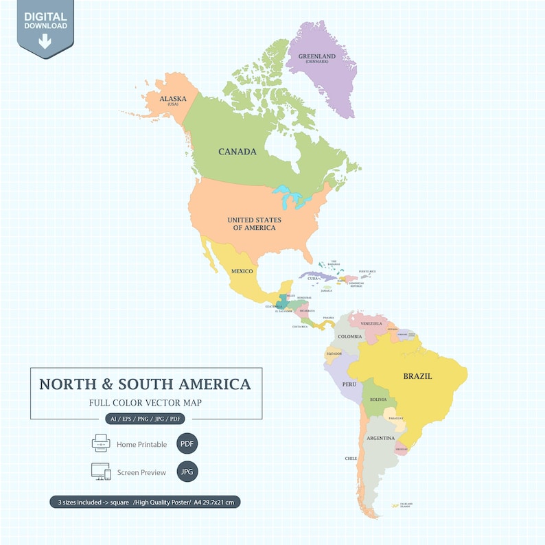 Digital North & South America Map Full Color With States Printable ...