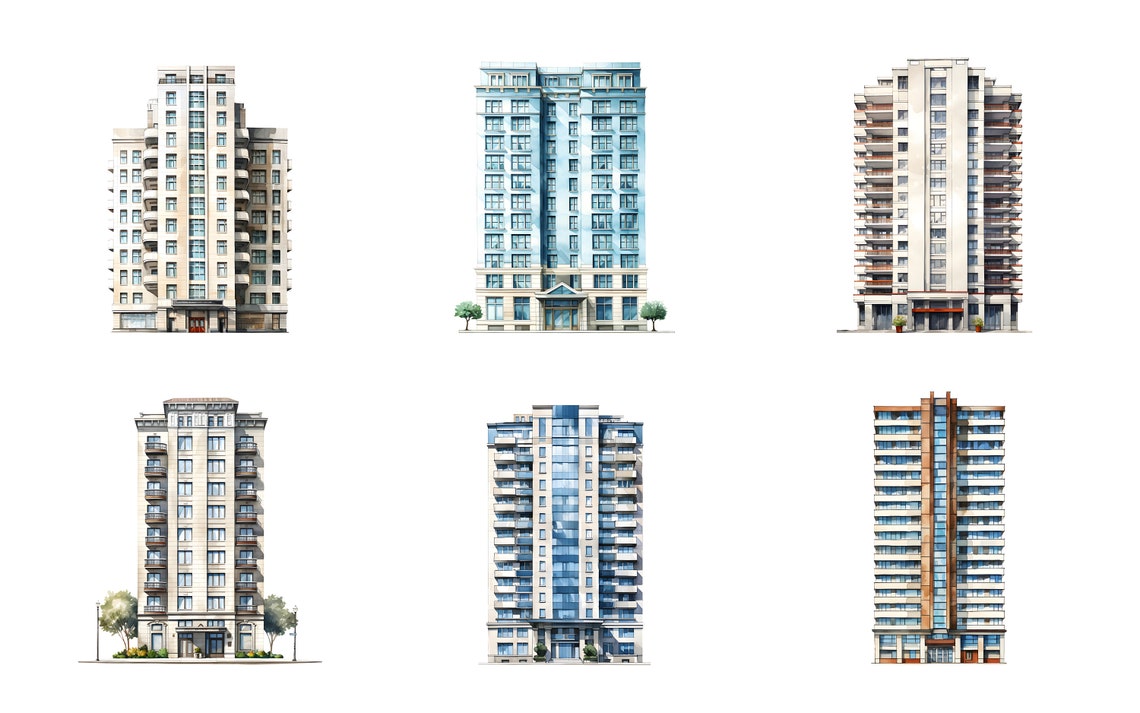 30 Watercolor Front View Building Clipart. Colorful Buildings PNG No ...