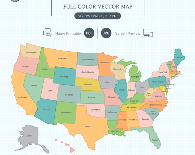 Bright Colors USA Map Clip Art - United States of America- Instant ...