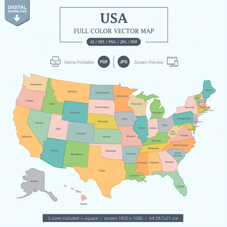Digital USA Map Full Color With States Printable Poster Large Size and ...