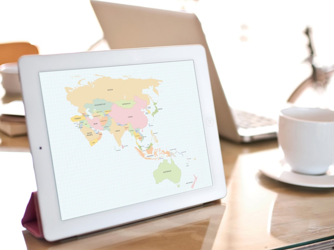 Digital Asia & Oceania Map Full Color With States Printable Poster ...