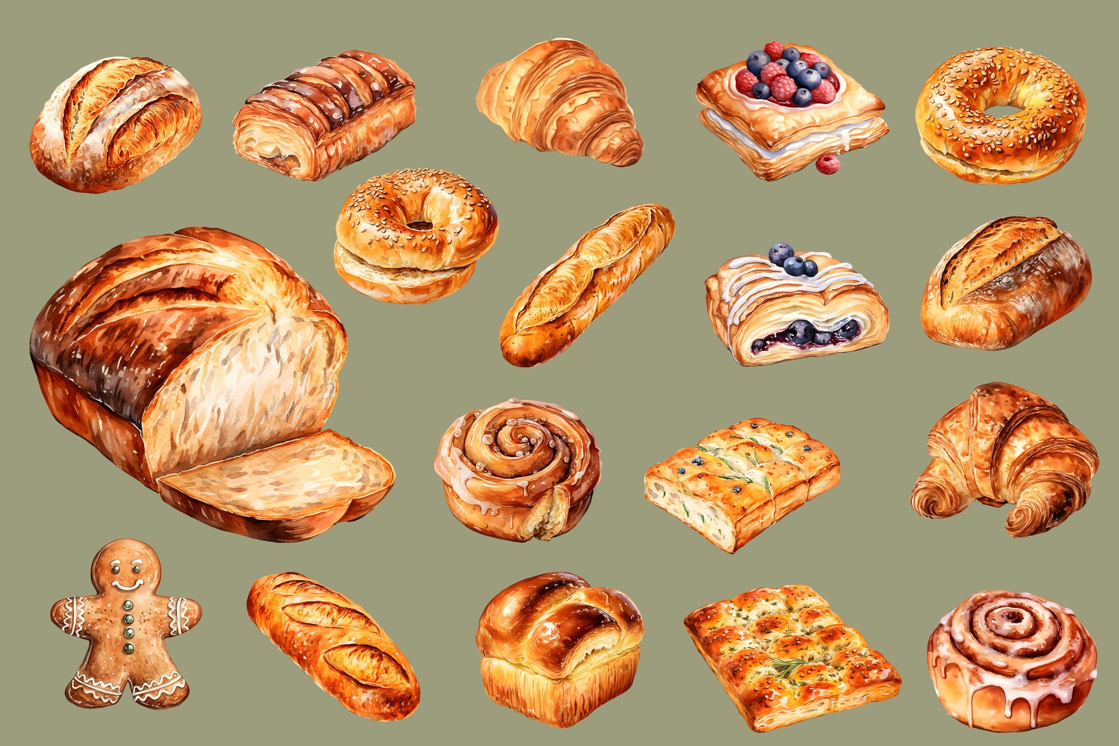 Watercolor Bread & Bakery Clipart. Colorful Bread PNG No Background ...