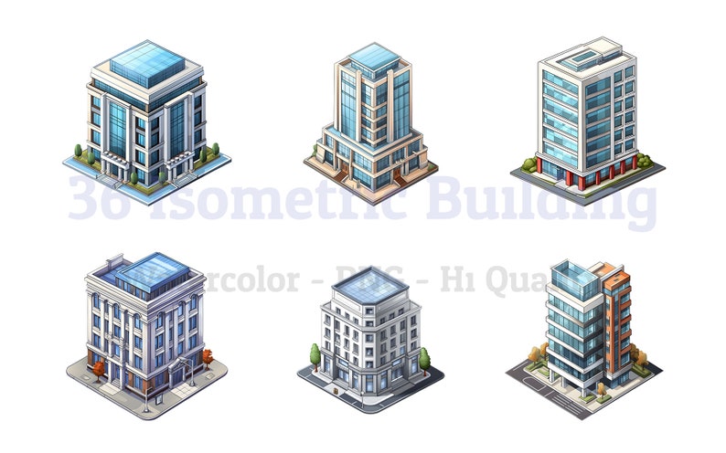 Watercolor Isometric Building Clipart. Colorful Buildings PNG No ...