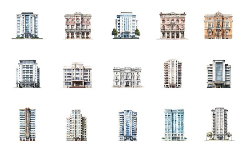 30 Watercolor Front View Building Clipart. Colorful Buildings PNG No ...