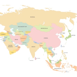Digital Asia Map Full Color With States Printable Poster Large Size and ...