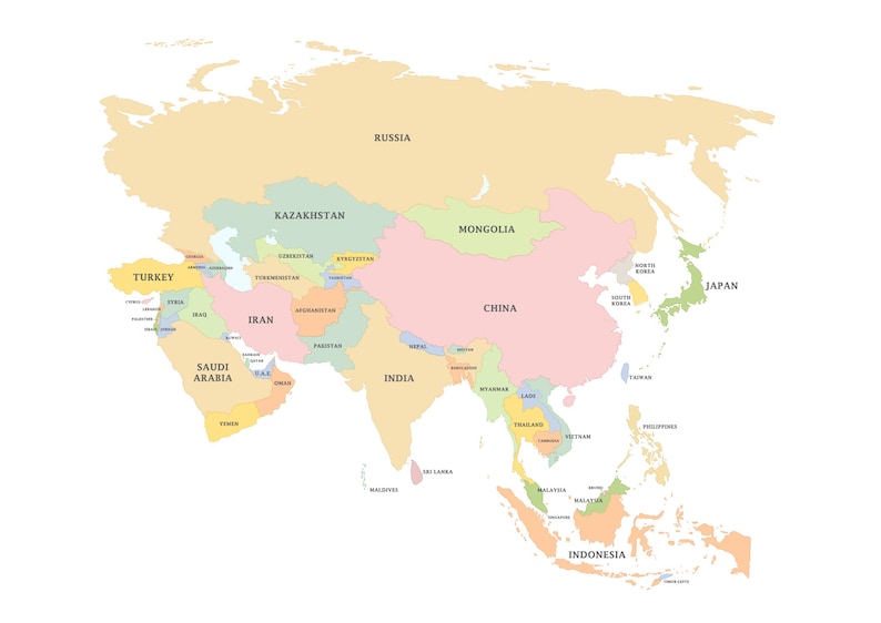 Digital Asia Map Full Color With States Printable Poster Large Size and ...