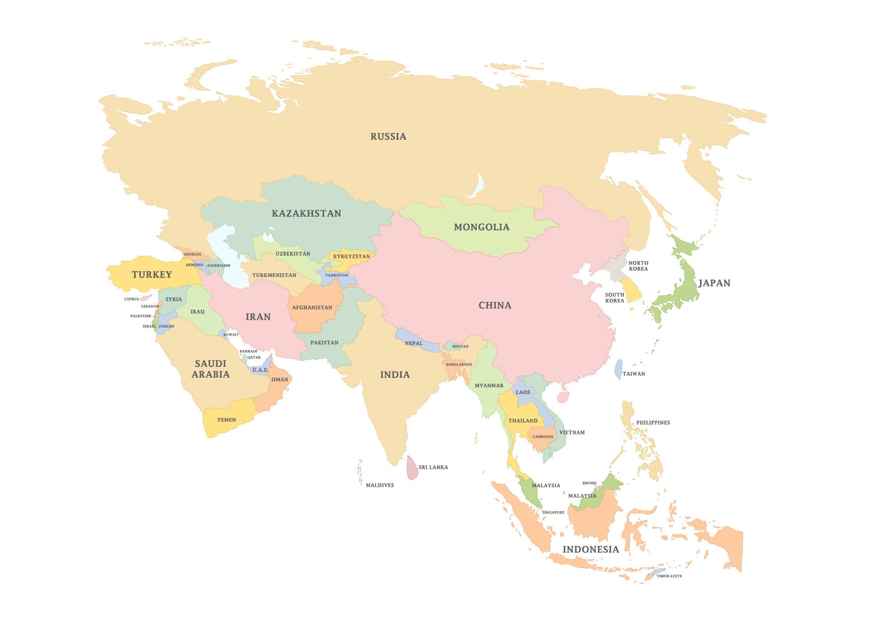 Digital Asia Map Full Color With States Printable Poster Large Size and ...