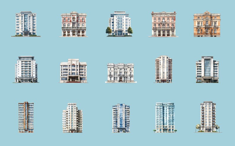 30 Watercolor Front View Building Clipart. Colorful Buildings PNG No ...