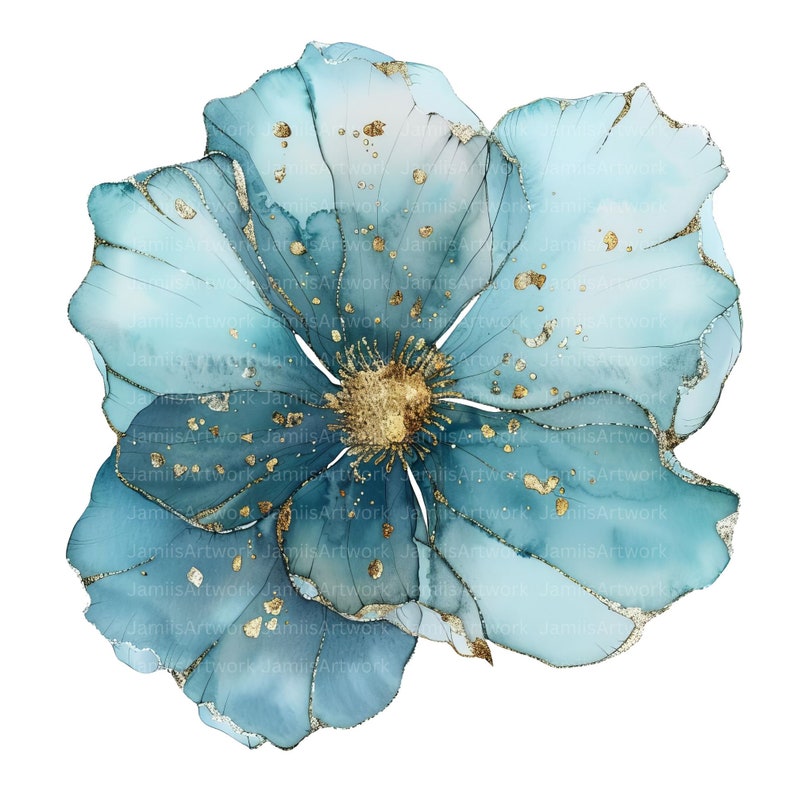 X12 PNG | Light Blue Gold Flower Clipart | Abstract Flowers | Printable ...
