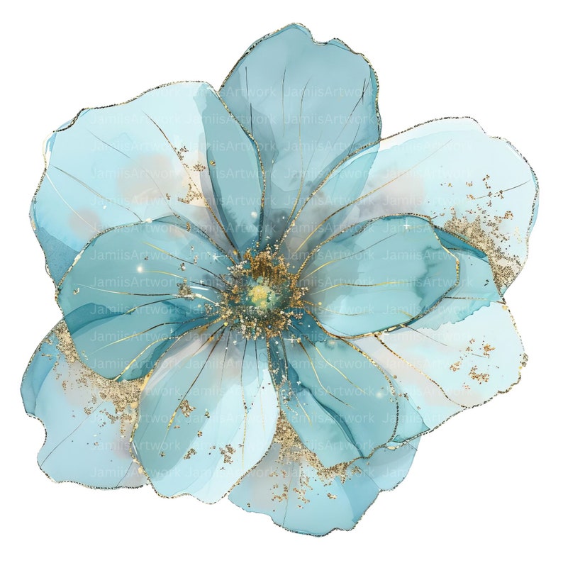 X12 PNG | Light Blue Gold Flower Clipart | Abstract Flowers | Printable ...