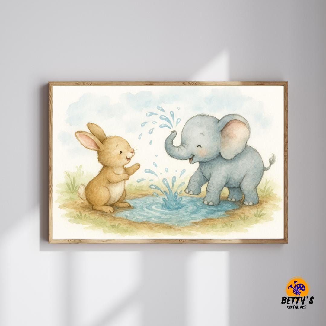 Rabbit and Elephant Watercolor Print: Gentle Nursery Art (digital ...