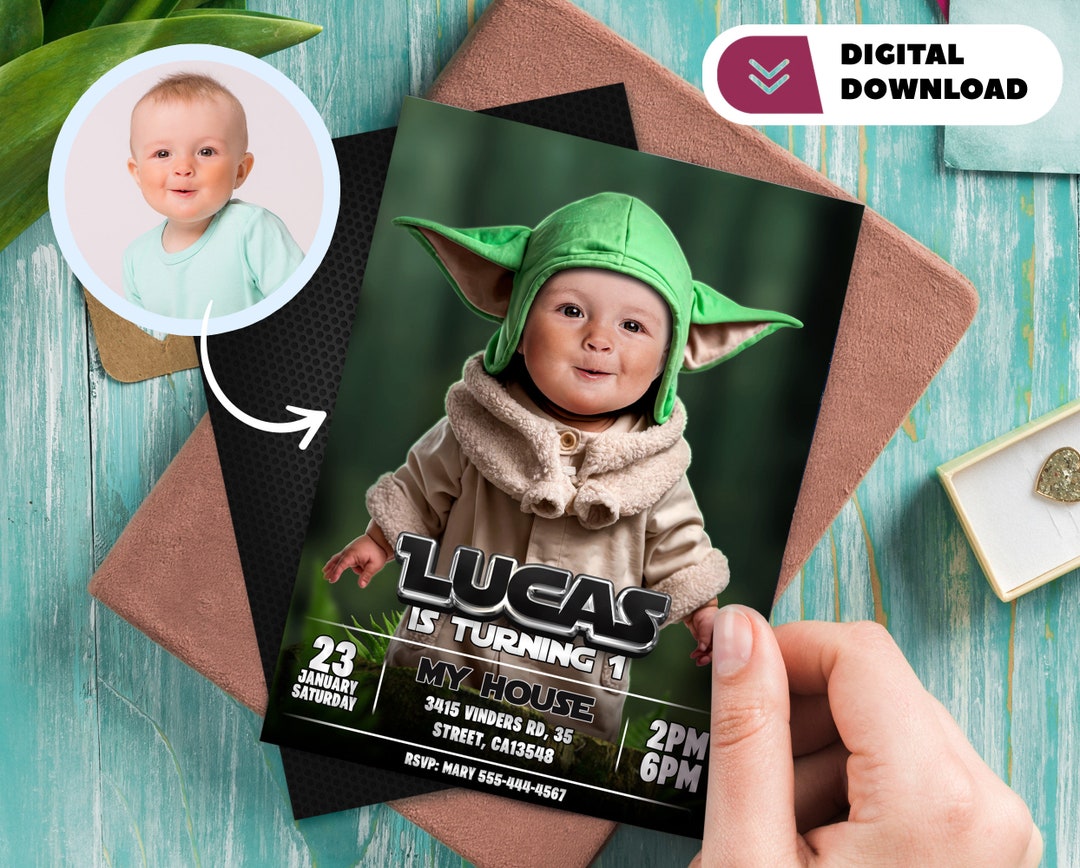 1st Yoda Personalized With Photo Birthday Invitation Baby Yoda Birthday ...