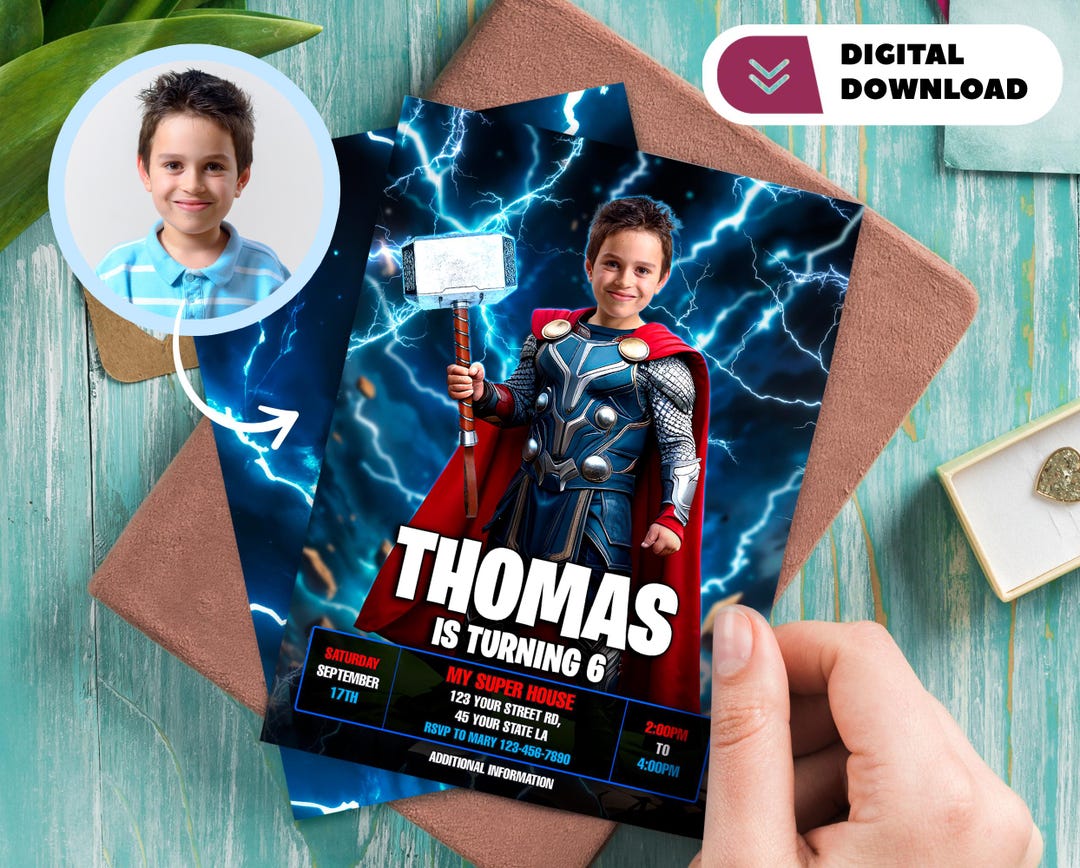 Superhero Personalized Invitation With Photo - Thor Birthday Card ...