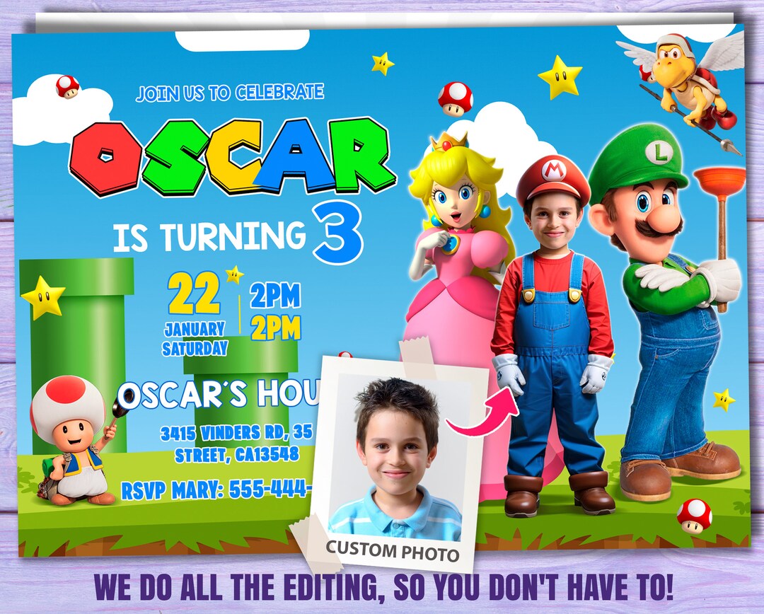 Super Mario Personalized With Photo Birthday Invitation - Etsy