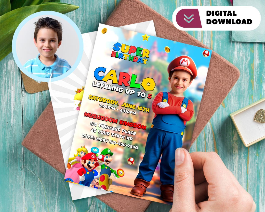 Super Mario Personalized With Photo Birthday Invitation Mario Party ...