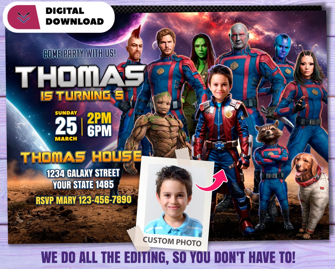Guardians of the Galaxy Personalized With Photo Birthday Invitation ...