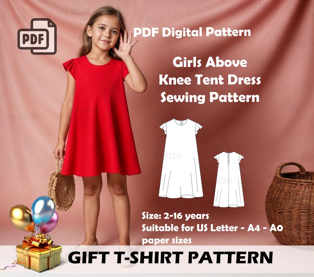 Girls Above Knee Tent Dress Sewing Pattern PDF | Above Knee Dress | Cap ...