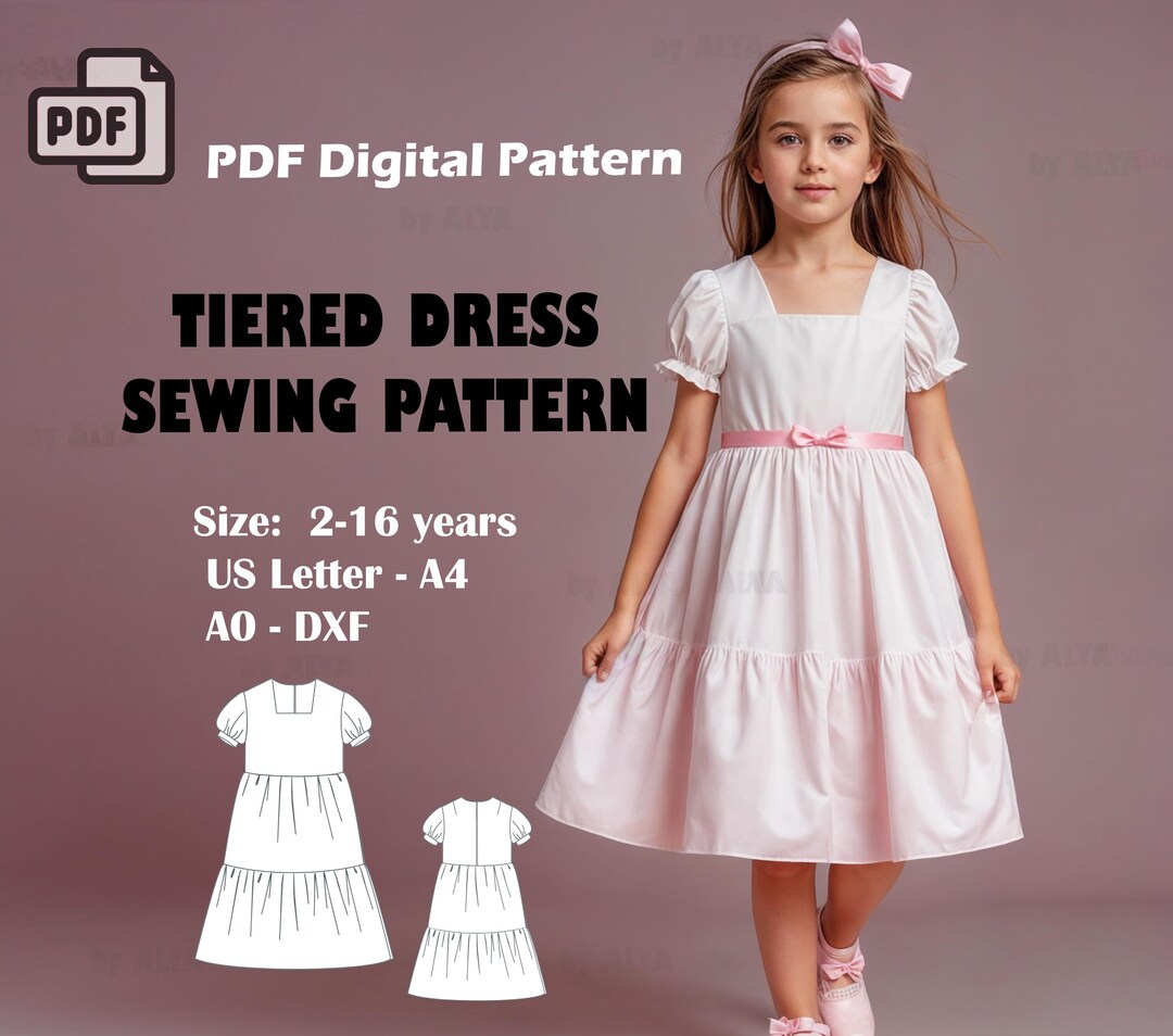 Tiered Skirt Dress Sewing Pattern | Short Bishop Sleeve Pattern PDF ...