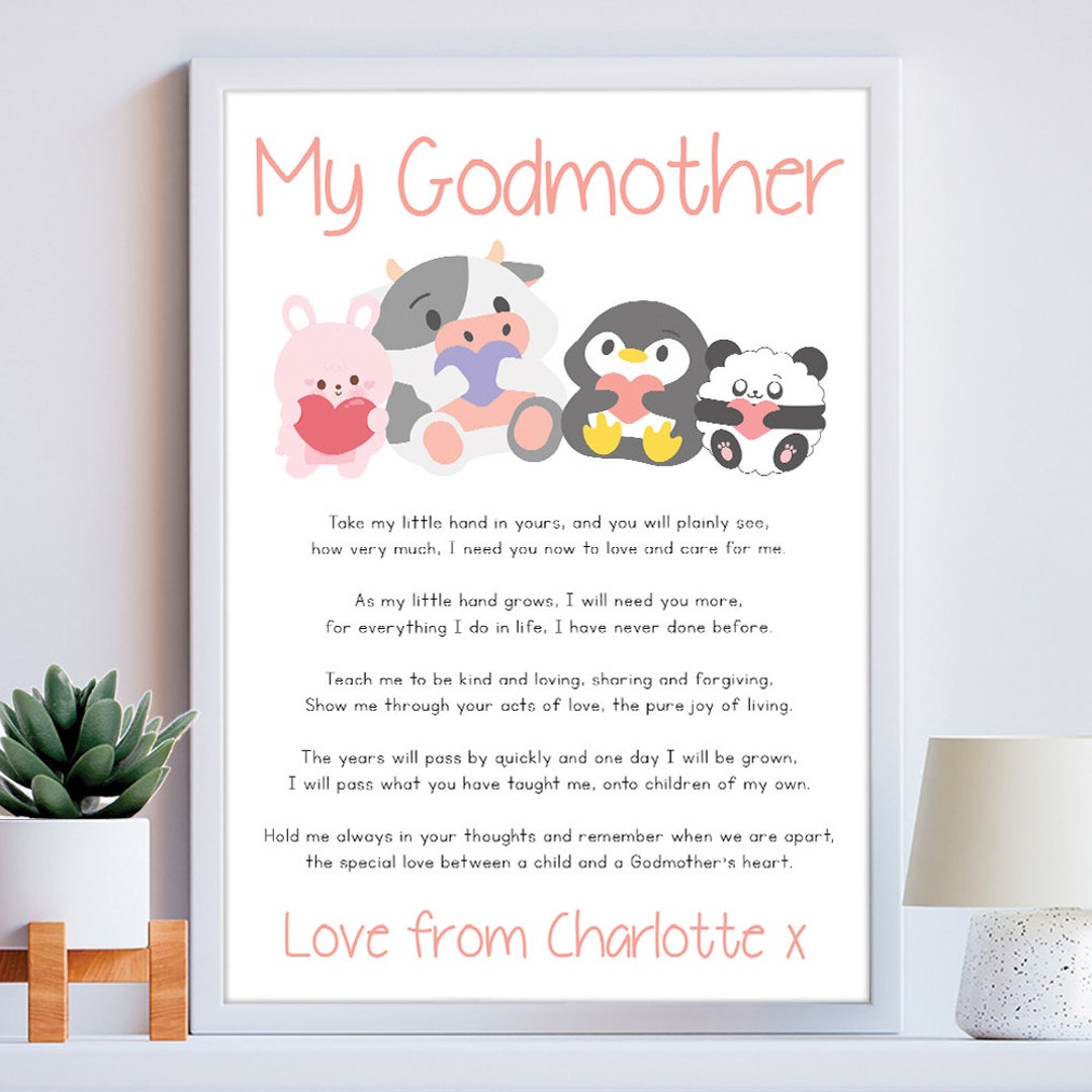 Personalised Poem Print for Godmother Cute Baby Animals Birthday ...