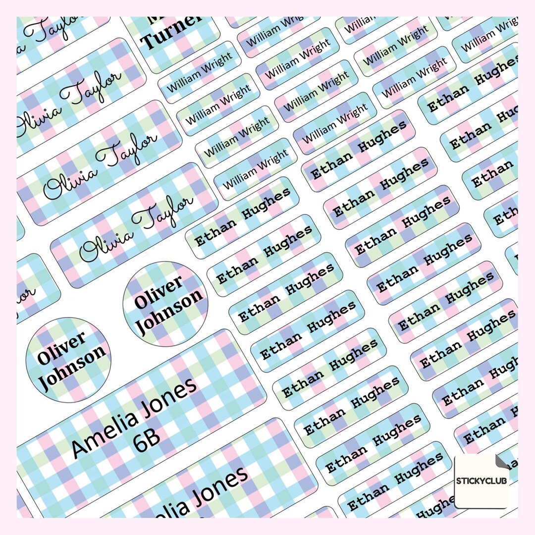 Violet Gingham Name Labels for School Various Sizes Personalised for ...