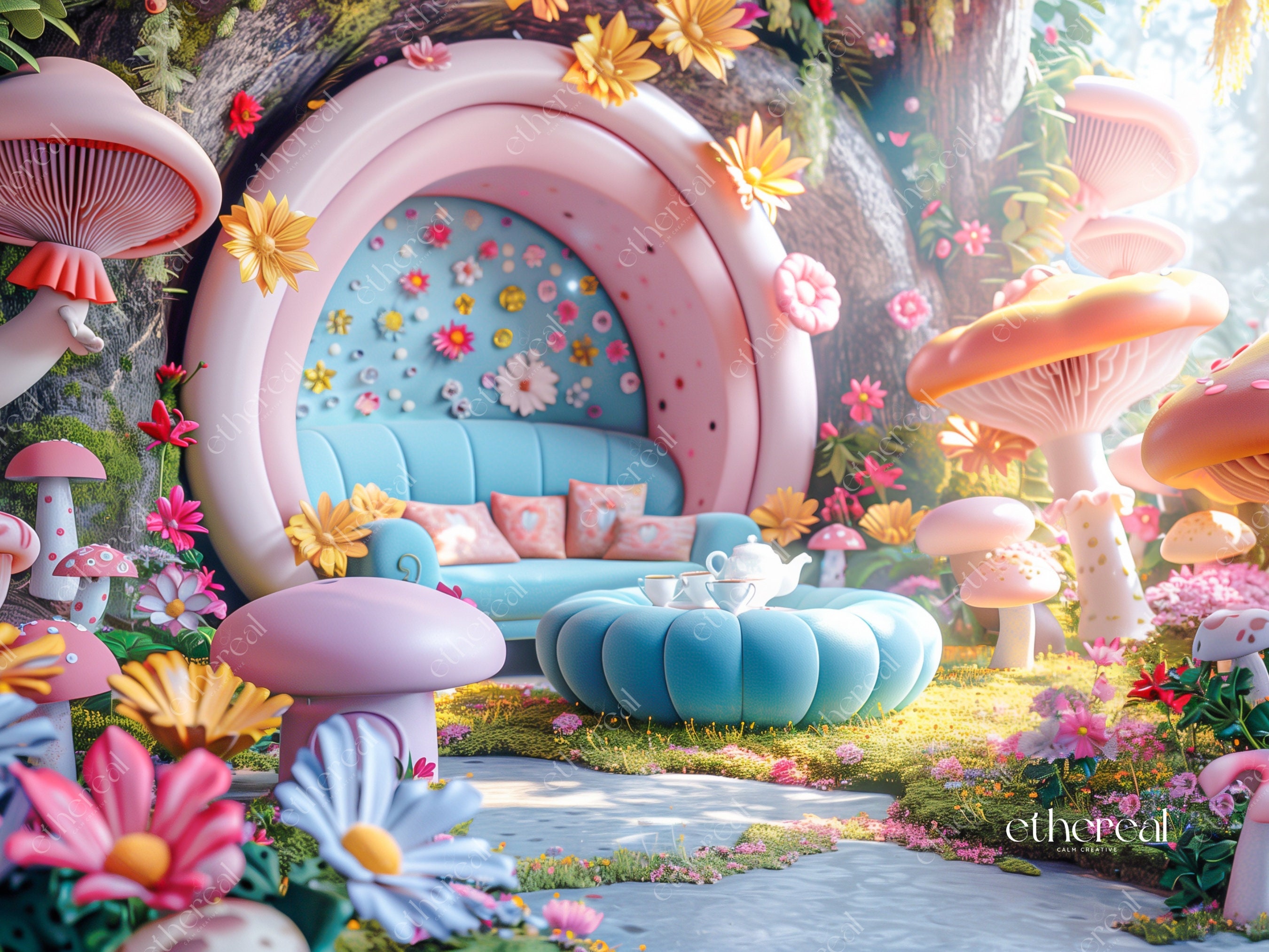 Wonderland Tea Party Digital Background Fantasy Fairy Garden Girl ...