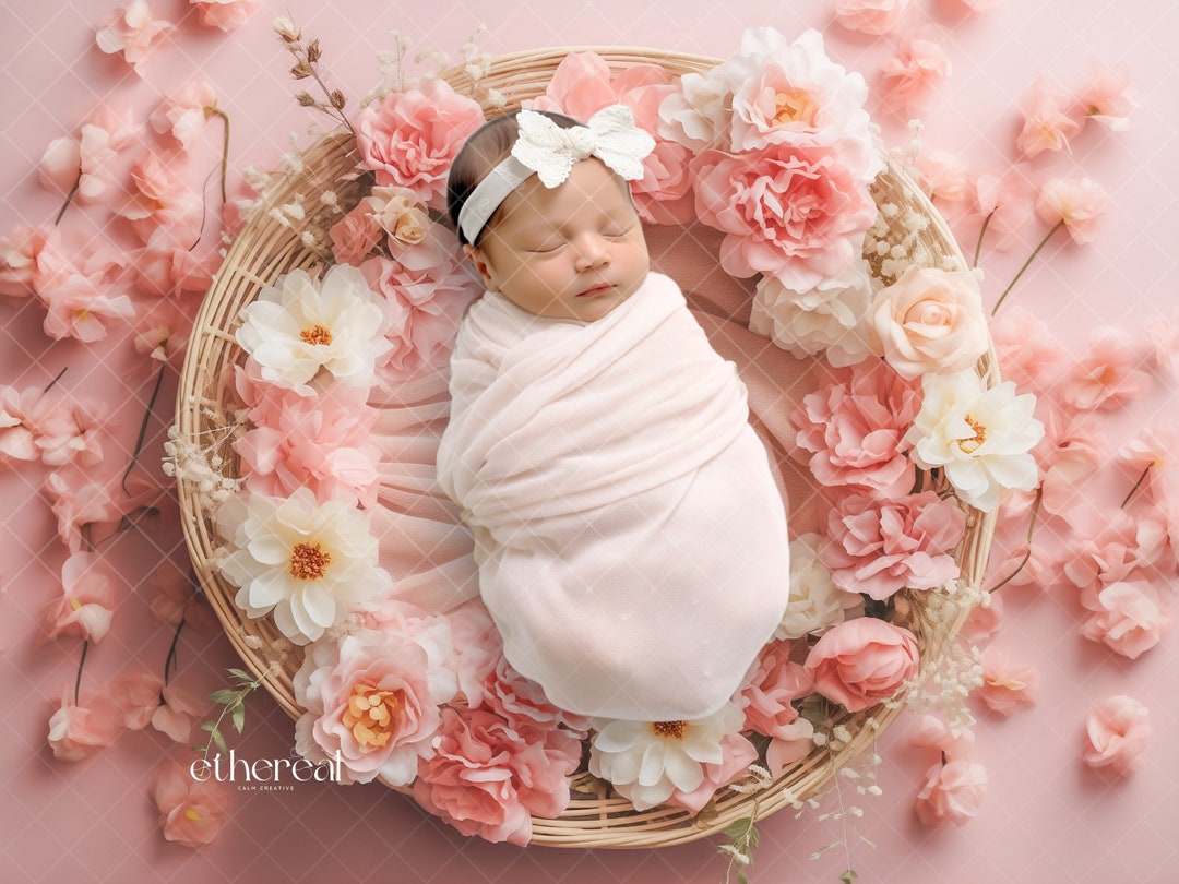 Newborn Baby Girl Digital Background Aesthetic Flower Backdrop Monthly ...