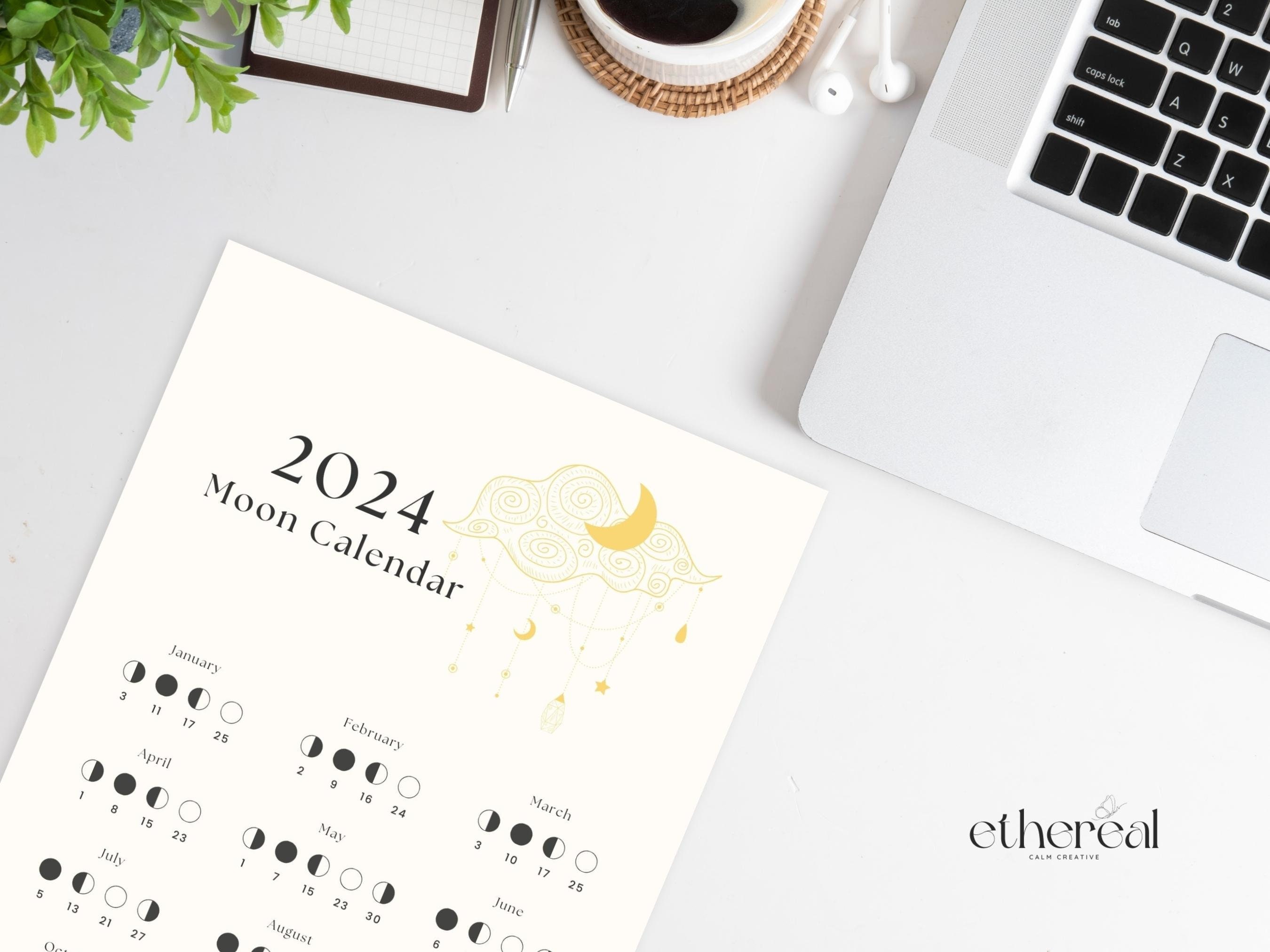 Moon Calendar 2024 Lunar Calendar Printable US ET Moon Phases Calendar ...
