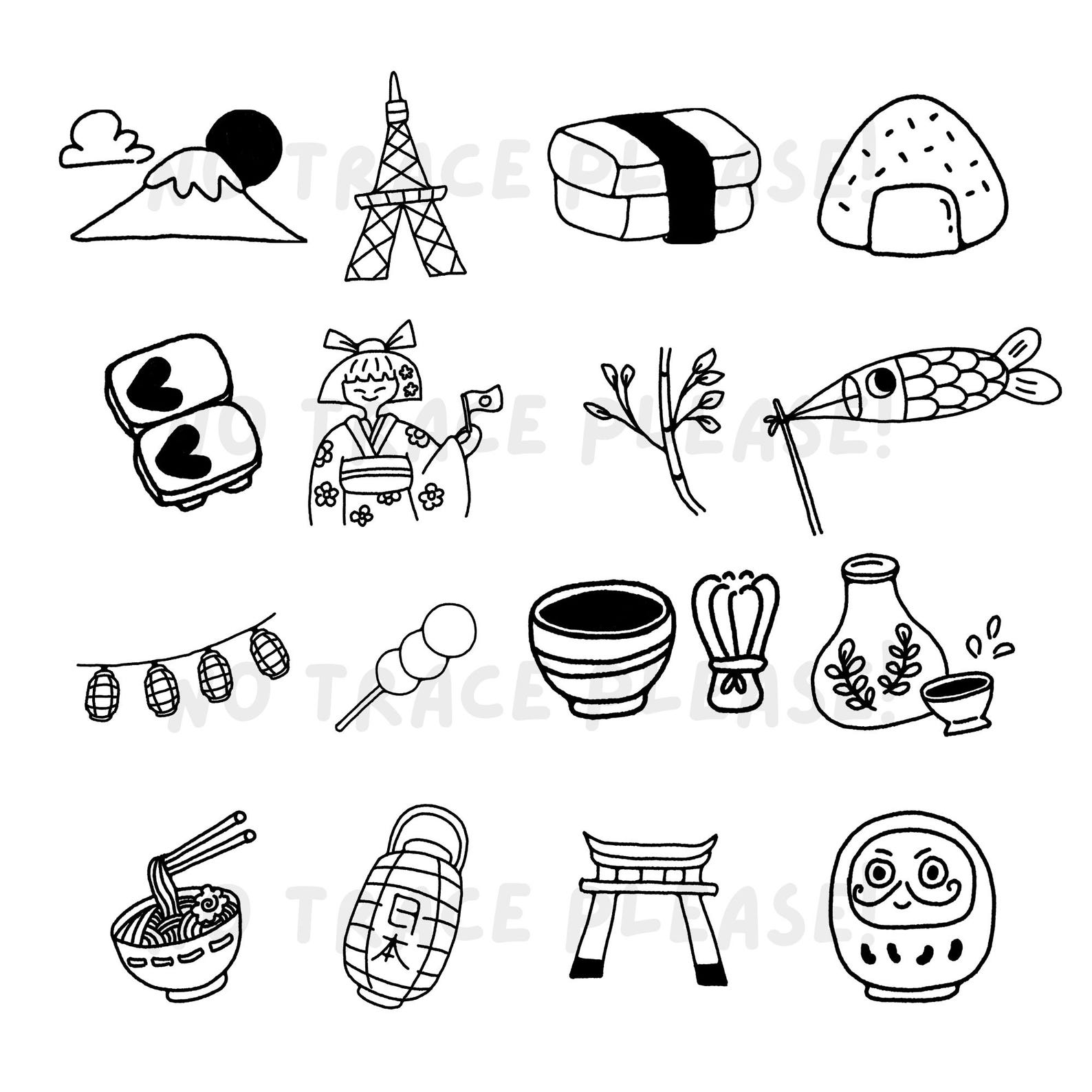 Japanese Culture Clipart Set – Black and White Doodles (PNG Instant ...