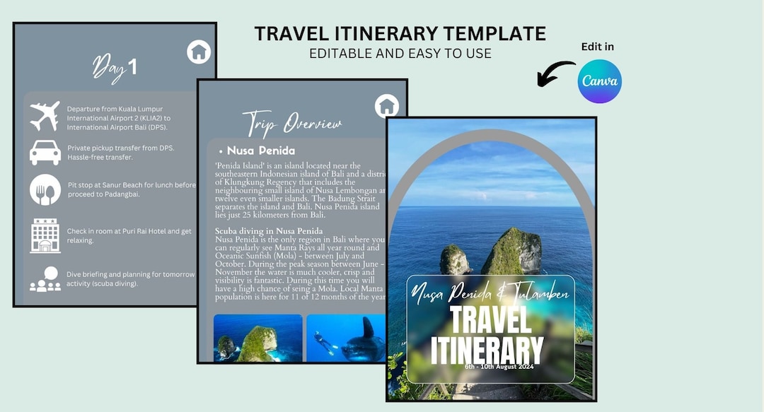 Scuba Diving Travel Itinerary Template. Editable in Canva - Etsy