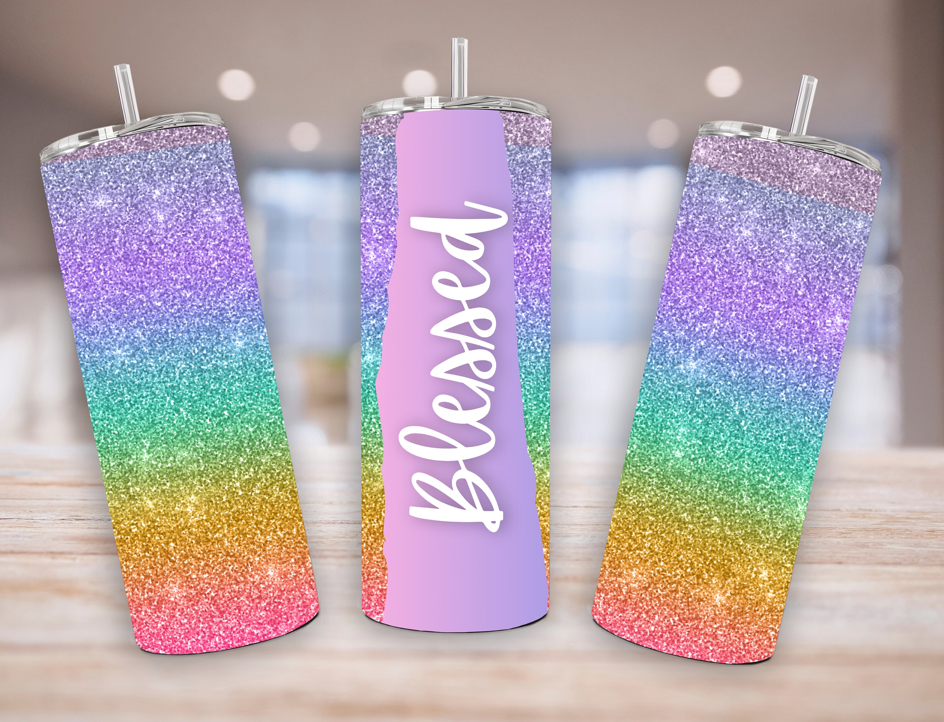 Rainbow Glitter Blessed Tumbler PNG Inspirational Sparkle Sublimation ...