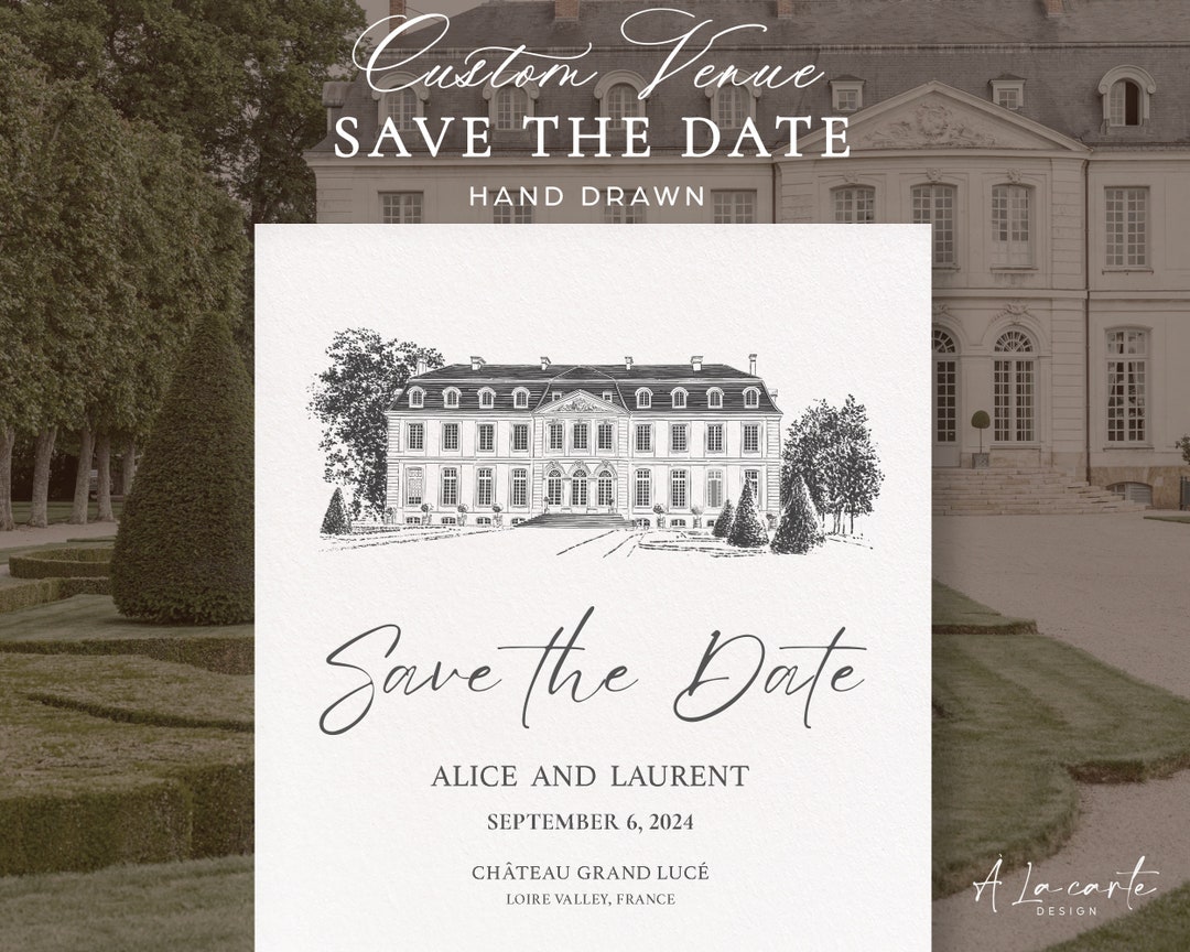 Custom Save the Date Venue Invitation, Destination Wedding Venue Sketch ...