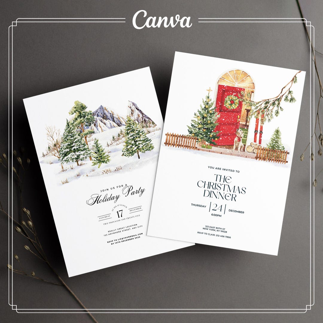 Watercolor Christmas Invitation Template, Hand-drawn Holiday Evite ...