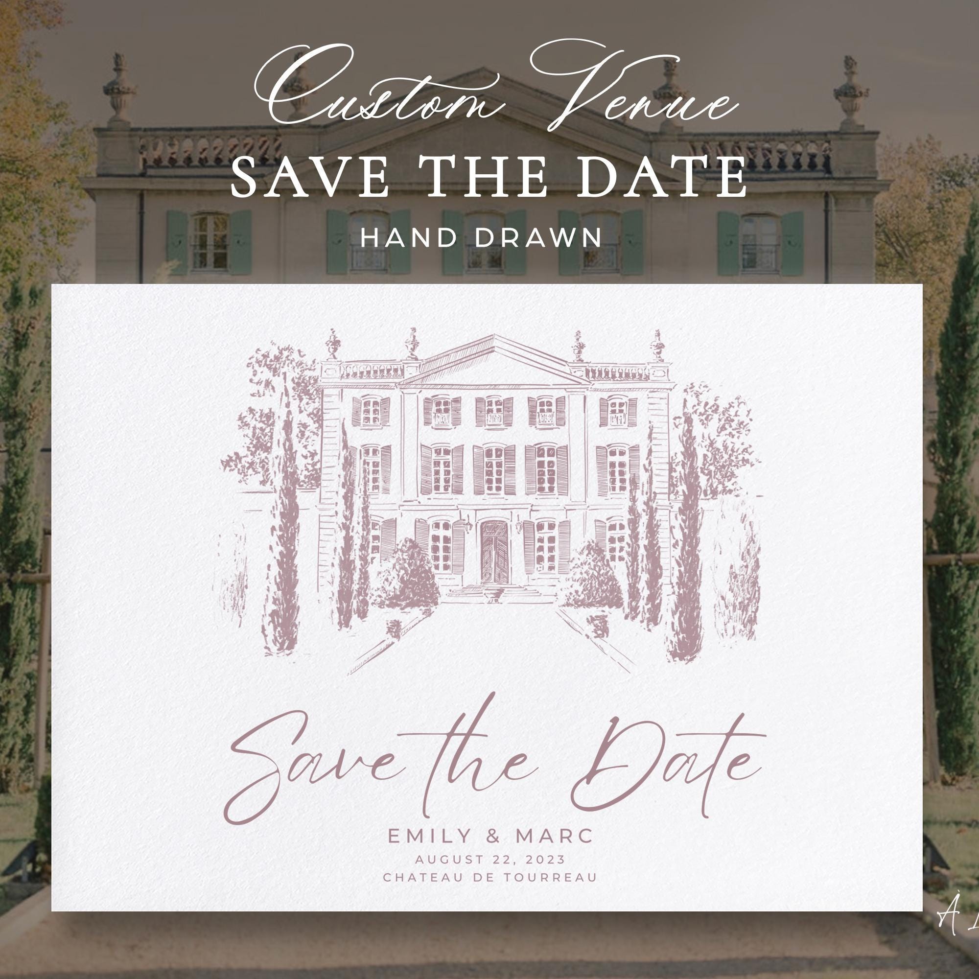 Custom Venue Sketch Save the Date, Hand Drawn Wedding Invitation ...