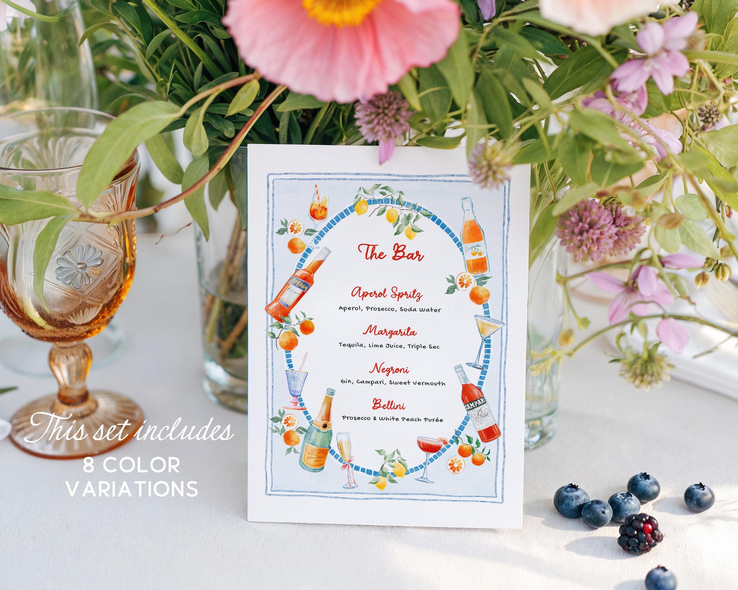 Watercolor Cocktail Menu Template, Printable Whimsical Wedding Bar Sign ...
