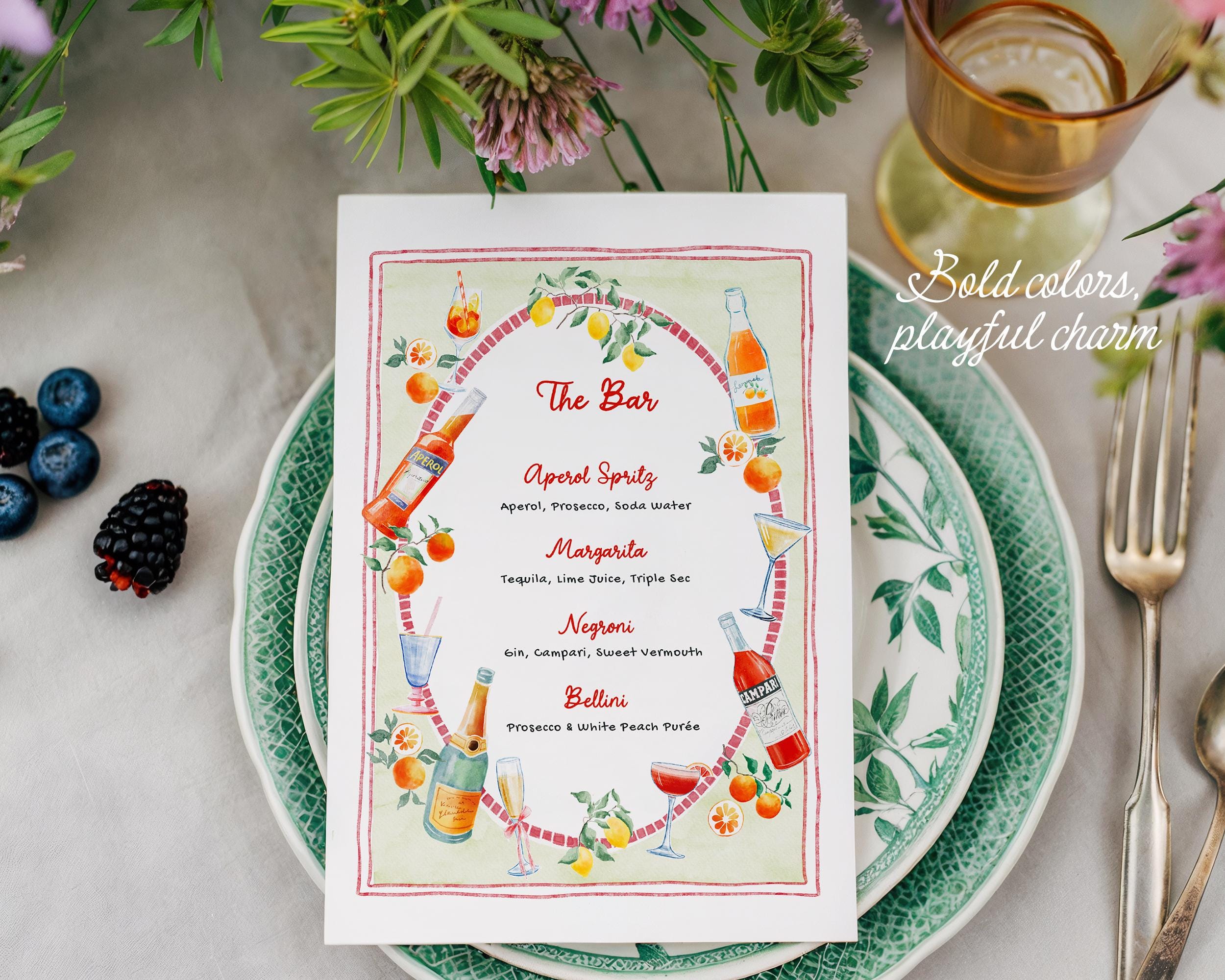 Watercolor Cocktail Menu Template, Printable Whimsical Wedding Bar Sign ...