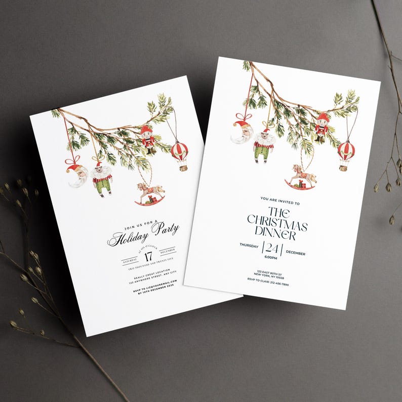 Watercolor Christmas Invitation Template, Hand-drawn Holiday Evite ...