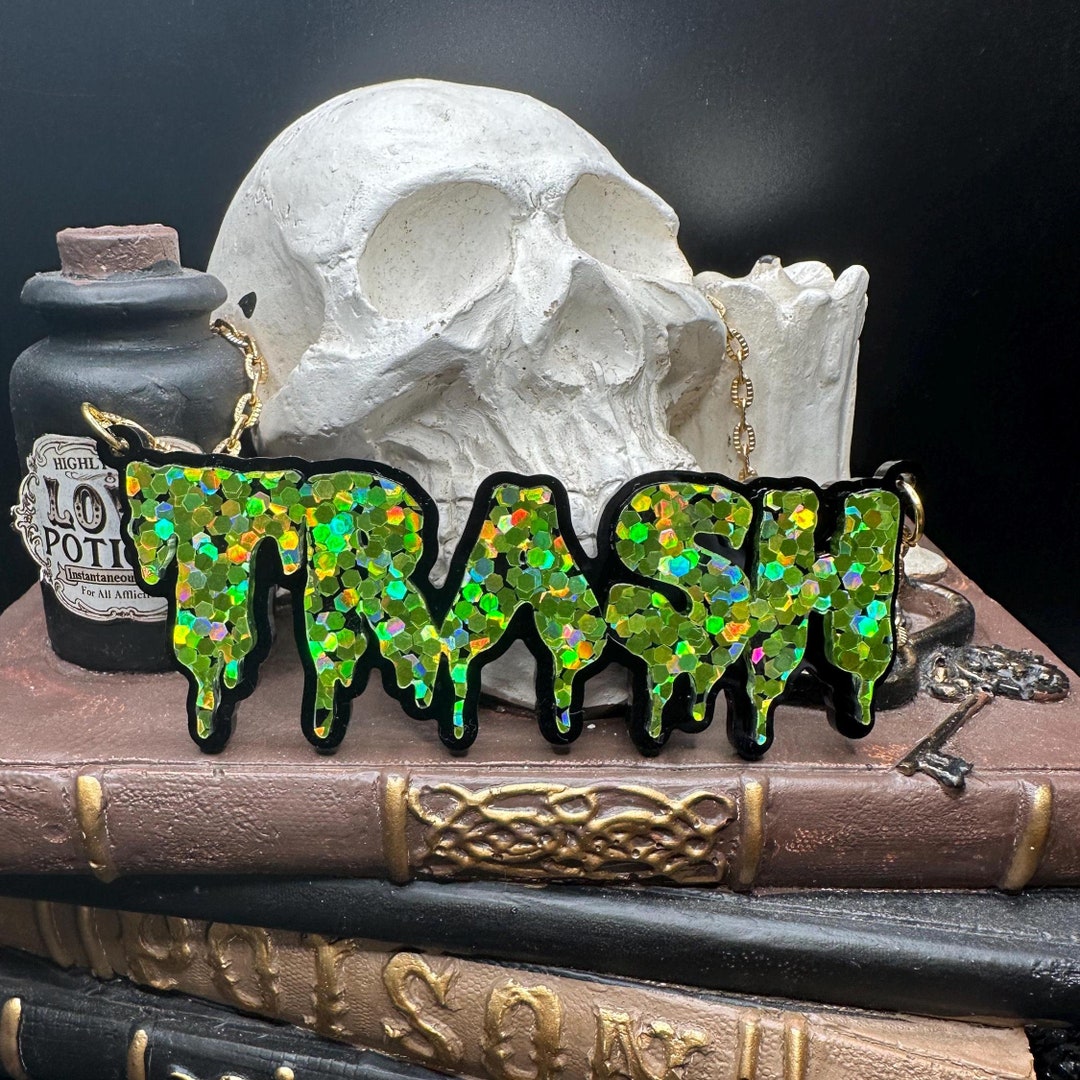 TRASH Glitter Lime Green Drippy Nameplate Necklace With Gold Chain ...