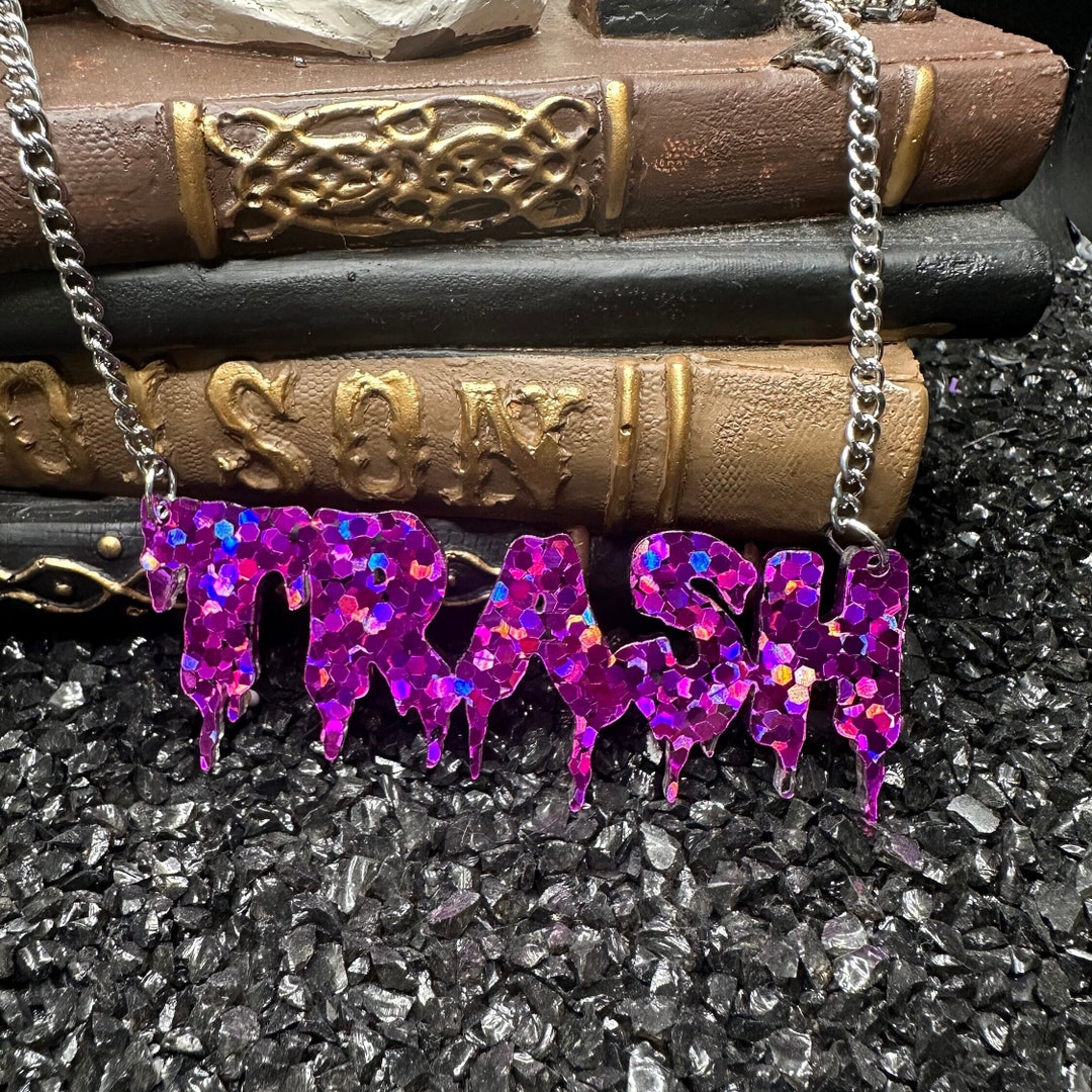 TRASH Glitter Purple Drippy Nameplate Necklace With Silver Chain ...
