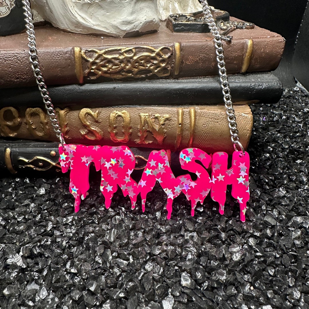 TRASH Hot Pink Star Drippy Nameplate Necklace With Silver Chain ...