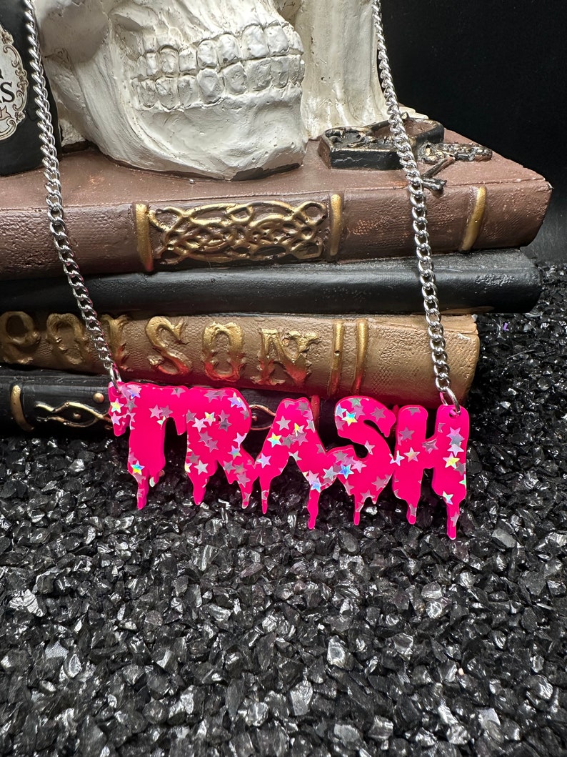 TRASH Hot Pink Star Drippy Nameplate Necklace With Silver Chain ...