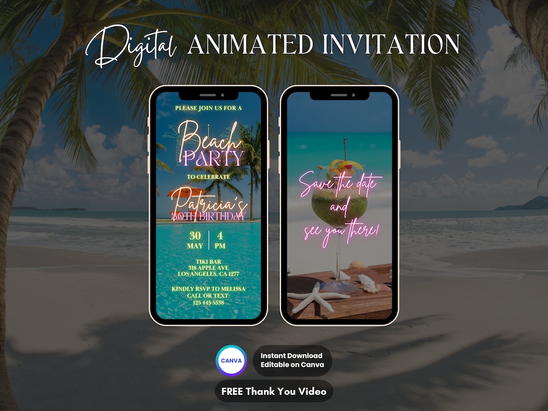 Beach Invitation, Beach Birthday Party Animated Invitation, Editable ...